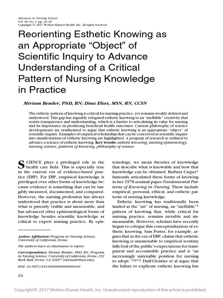 Reorienting Esthetic Knowing As An Appropriate "Object" of Scientific ...