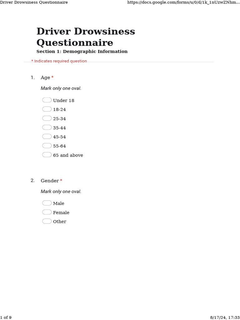 Driver Drowsiness Questionnaire | PDF | Sleep | Diseases And Disorders