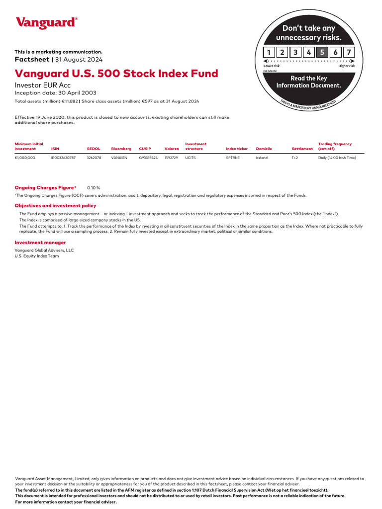 Fact Sheet Vanguard US500 | PDF | Investment Fund | Financial Risk