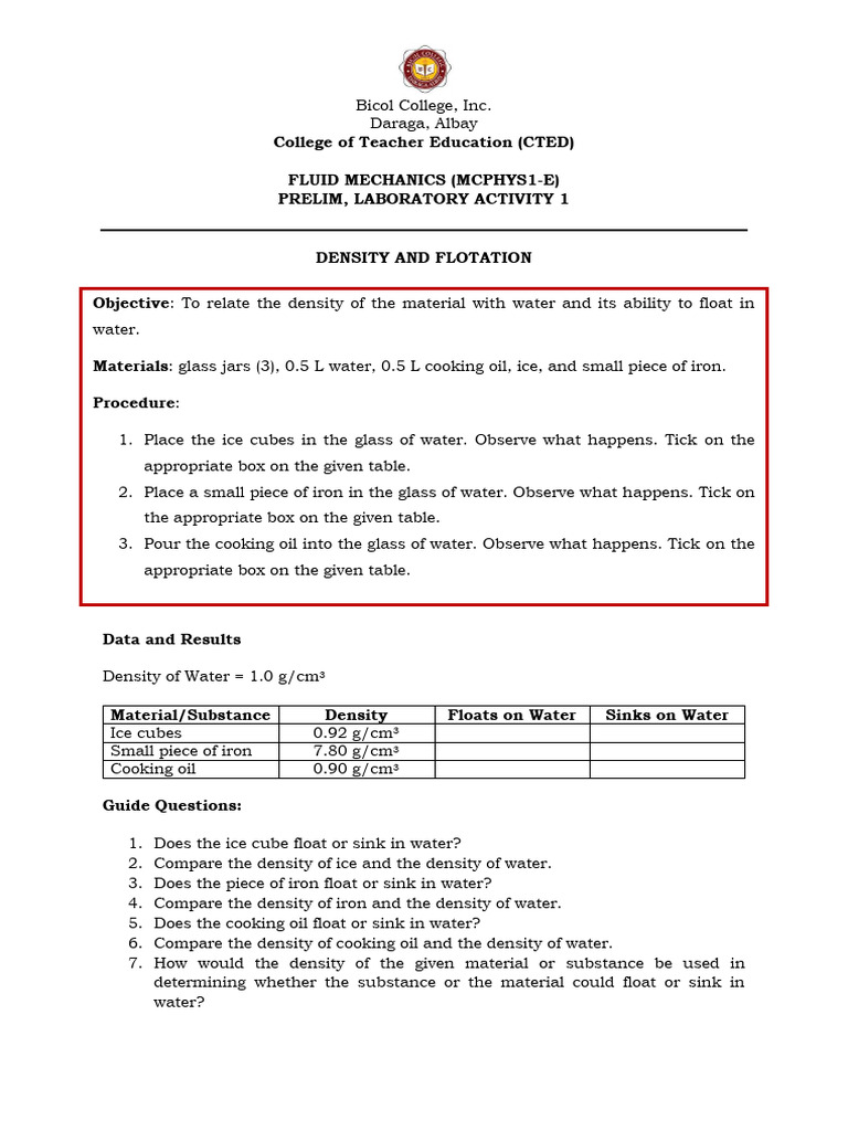 Density And Flotation Lab Activity Pdf