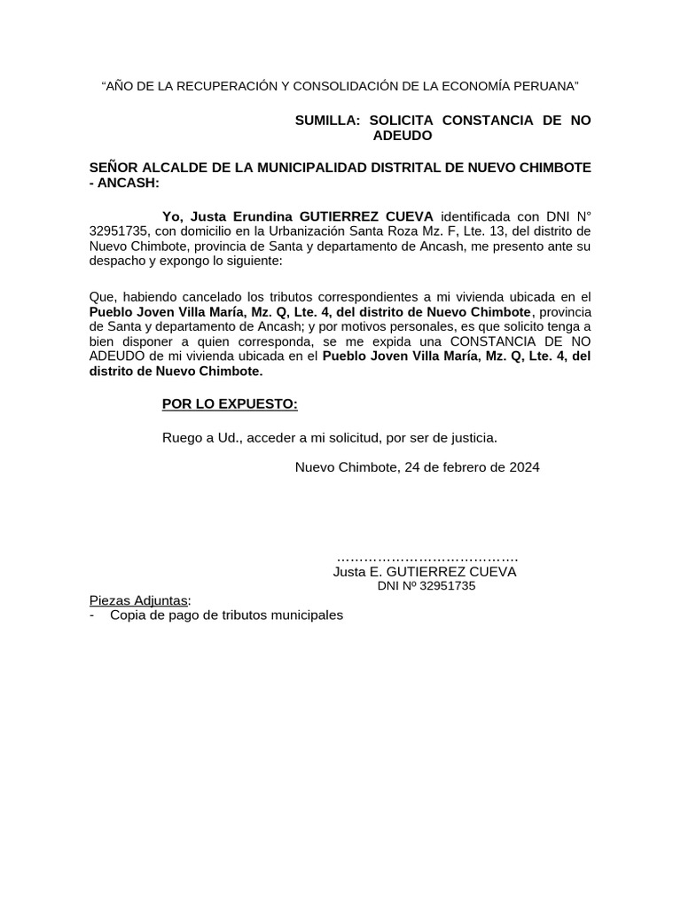 Solicitud de Constancia de No Adeudo A Municipalidad 25 | PDF