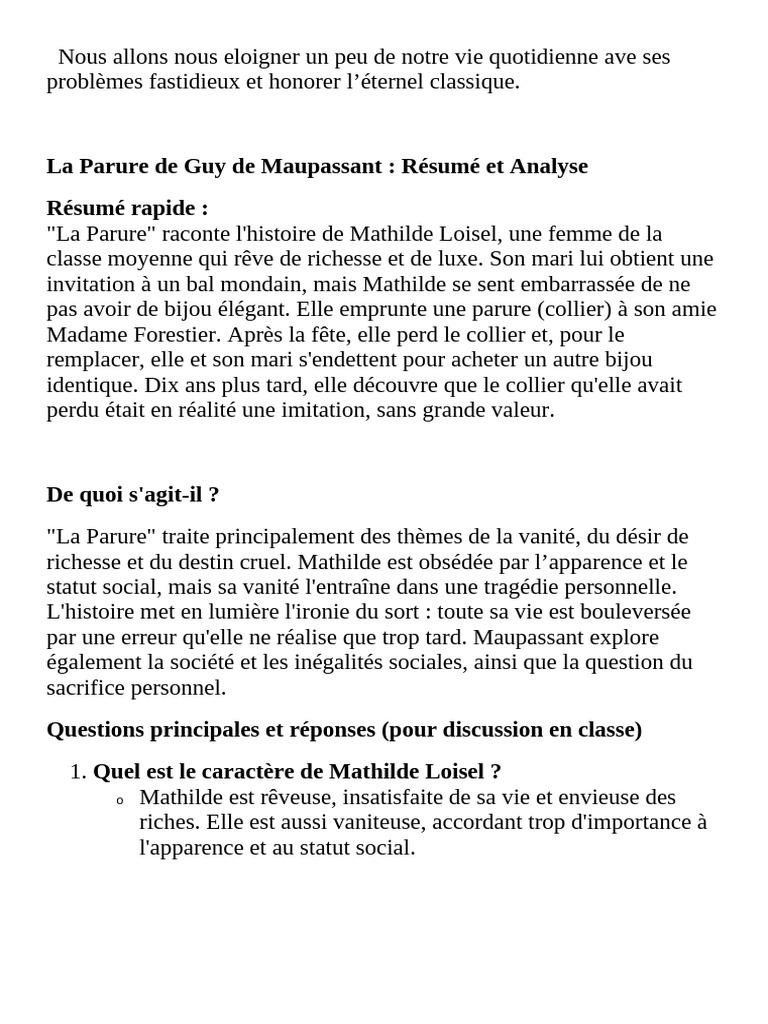 La Parure - Questions | PDF