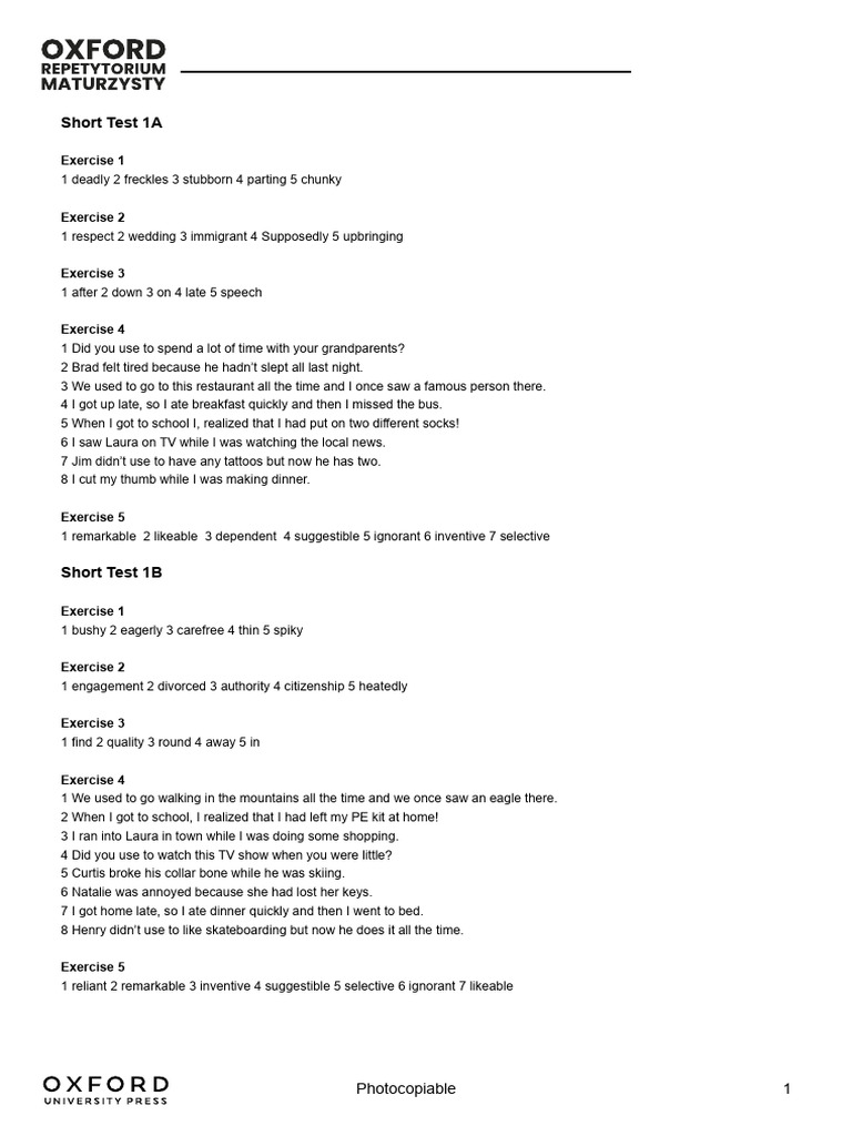 Short Test Answer Key for Exams | PDF | Verb