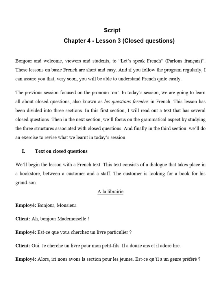 W4-L3 - Script - Chapter 4 - Lesson 3 (Closed Questions) 200302060603030101 | PDF | Question ...