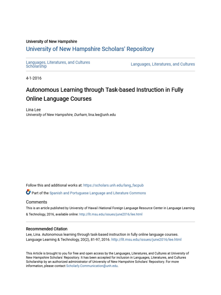 Autonomous Learning Through Task-Based Instruction in Fully Online Language Courses - Lee | PDF ...