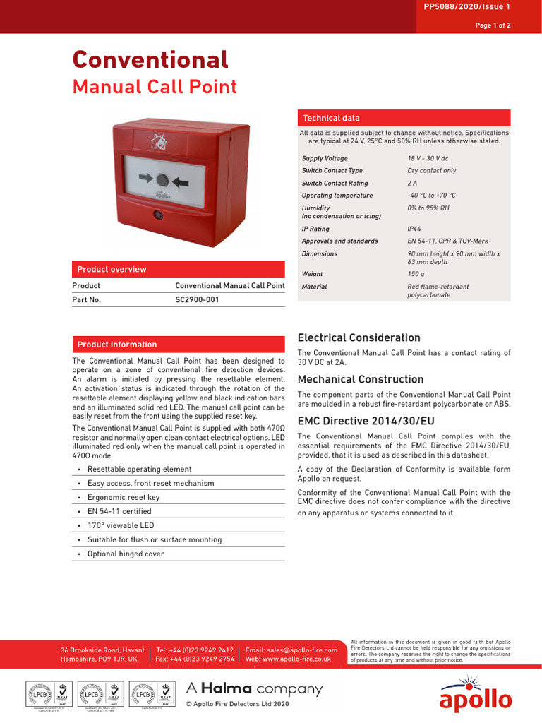 Conventional Manual Call Point SC2900-001 | PDF | Manufactured Goods ...