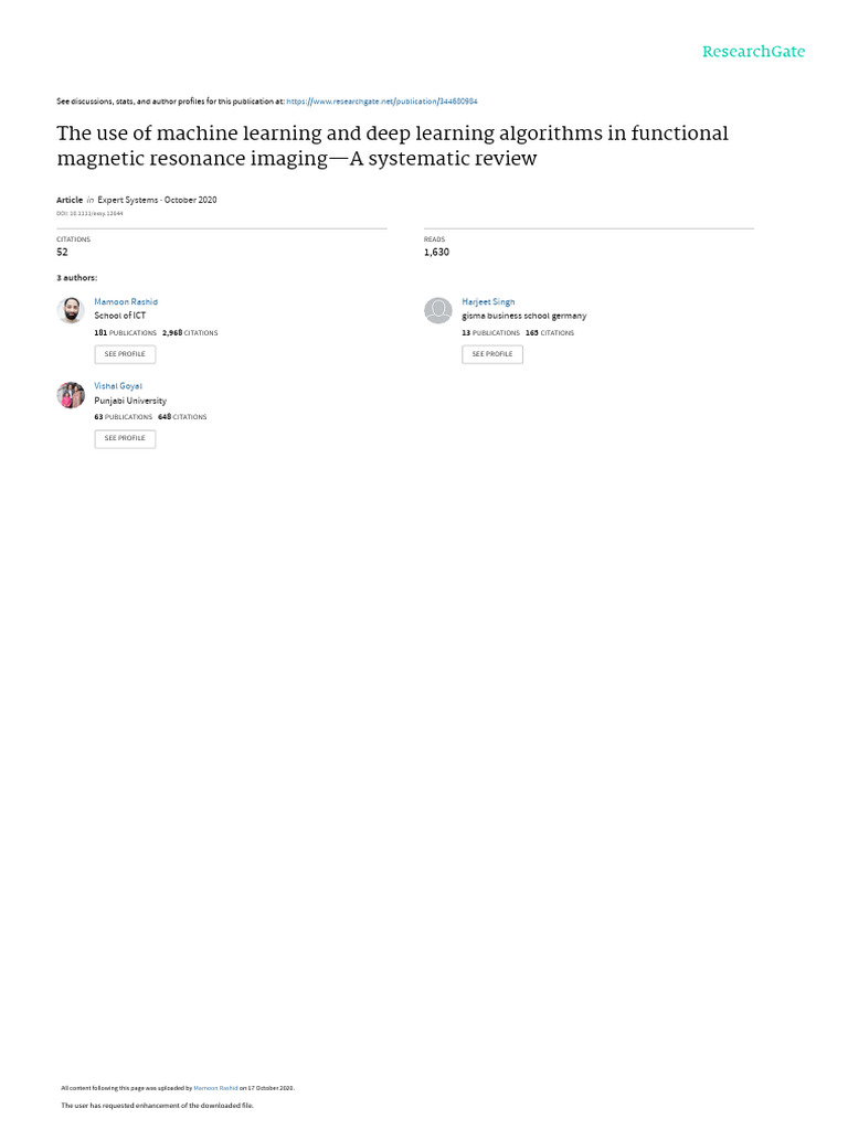The Use of Machine Learning and Deep Learning Algorithms in Functional Magnetic Resonance ...