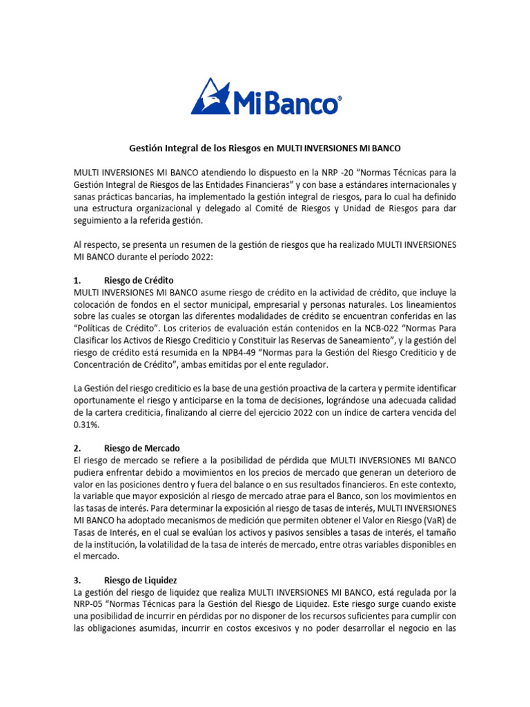MiBanco Gestion Integral Riesgos 2022 | PDF | Bancos | Riesgo crediticio