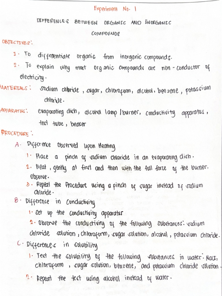 EXP #1 - Difference Between Organic & Inorganic Compounds | PDF