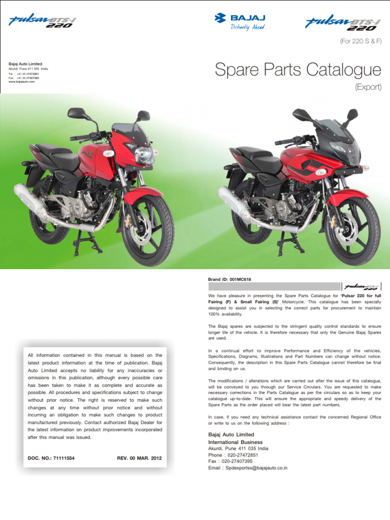Bajaj Pulsar 220 Spare Parts Catalogue | PDF | Vehicle Parts | Engine ...