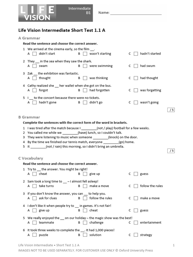 Life Vision Intermediate Test 1.1 A | PDF