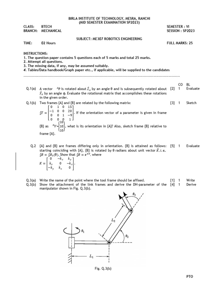 Me307 Robotics Engineering (Mid - SP23) | PDF | Angle | Linear Algebra