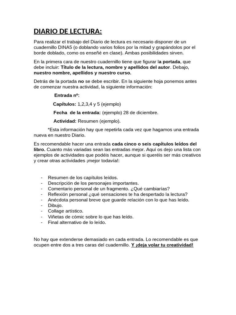 Ejemplos y Portada para Diario de Lectura | PDF