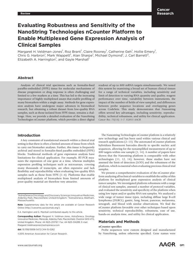 Evaluating Robustness and Sensitivity of the NanoString Technologies ...