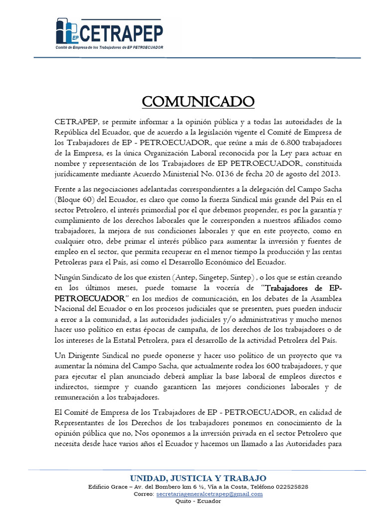COMUNICADO-CETRAPEP 2-Signed | PDF | Derecho laboral | Sindicato