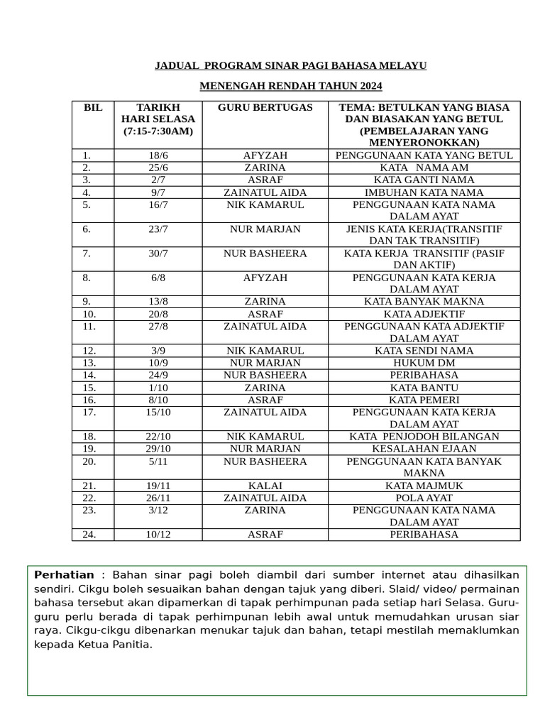 JADUAL PROGRAM SINAR PAGI BAHASA MELAYu MEN REN TAHUN 2024 | PDF