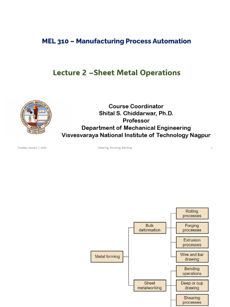 Lecture 2 - Sheet Metal Operations: MEL 310 - Manufacturing Process ...