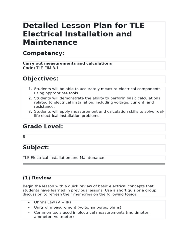 Detailed Lesson Plan For TLE Electrical (Carry Out Measurements and Calculations) | PDF ...