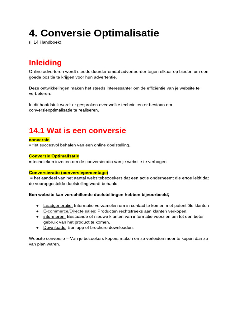 H4 Een Optimale Website (Deel 2 Conversie, H14 in Handboek) | PDF