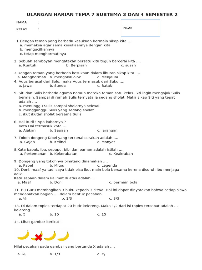 Soal Ulangan Tematik Kelas 2 Tema 7 Subtema 3 & 4 | PDF