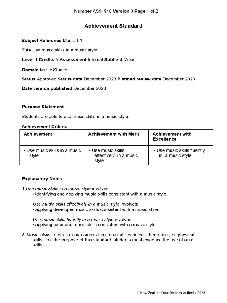 Music Skills Achievement Standard AS91948 | PDF