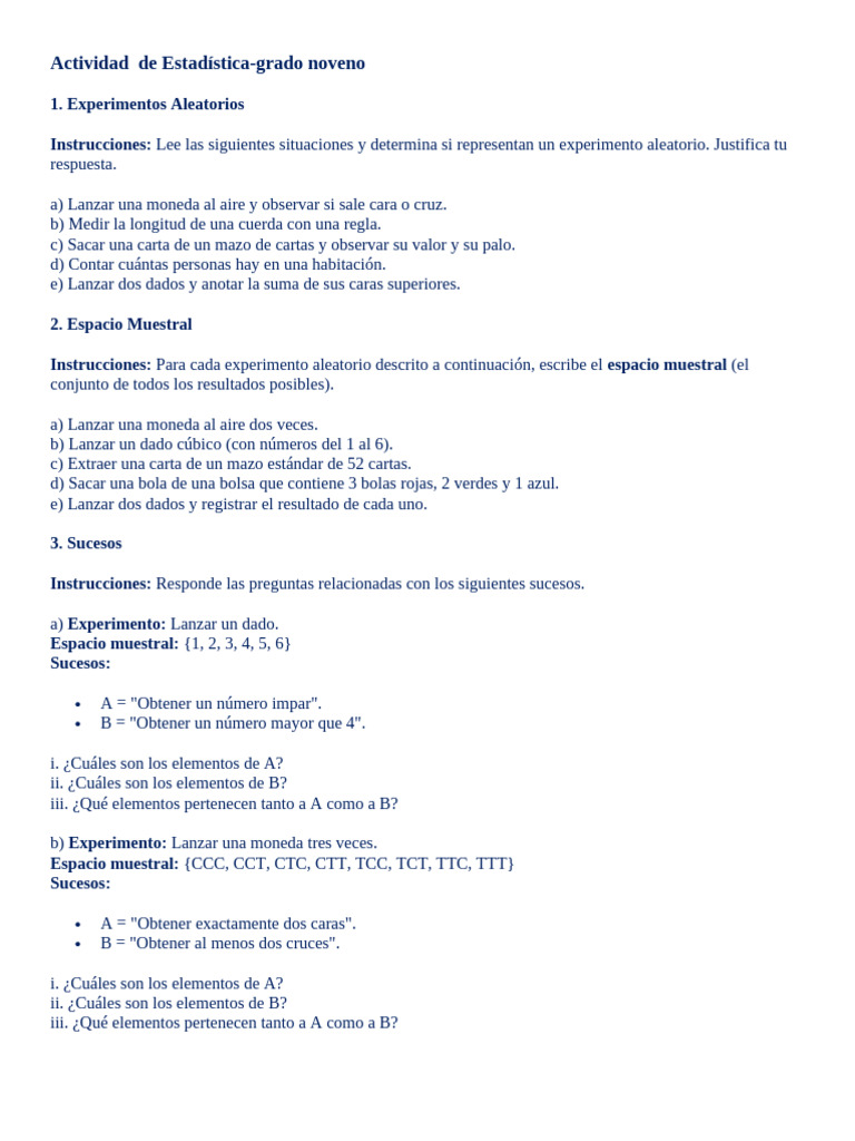 Actividad de Estadística- experimento aleatorio | PDF | Teoría de ...