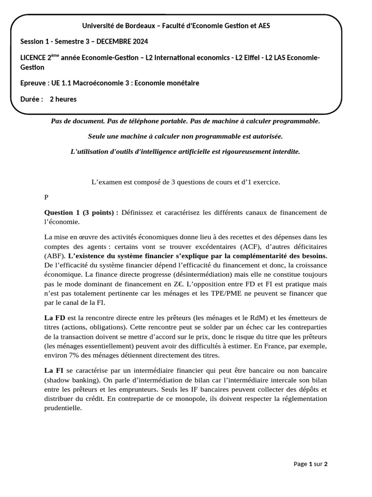 Correction exercice L2 Macroéconomie 3 Economie monétaire SEM 3 SESSION 1-1_2024_2025 | PDF ...
