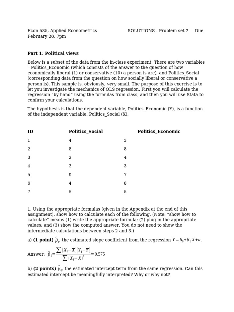 GMU Econ535-Applied Econometrics Problem Set2 (PS2) Solutions Spring 2024 | PDF | Ordinary Least ...