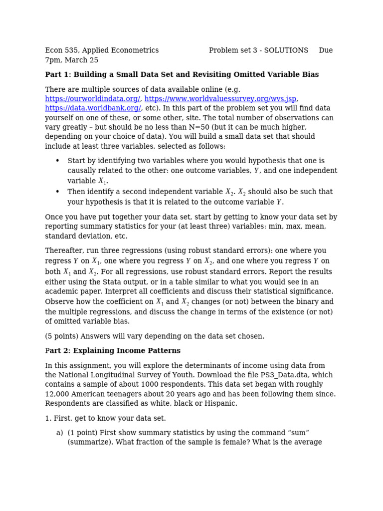 GMU Econ535-Applied Econometrics Problem Set3 (PS3) Solutions Spring 2024 | PDF | Regression ...