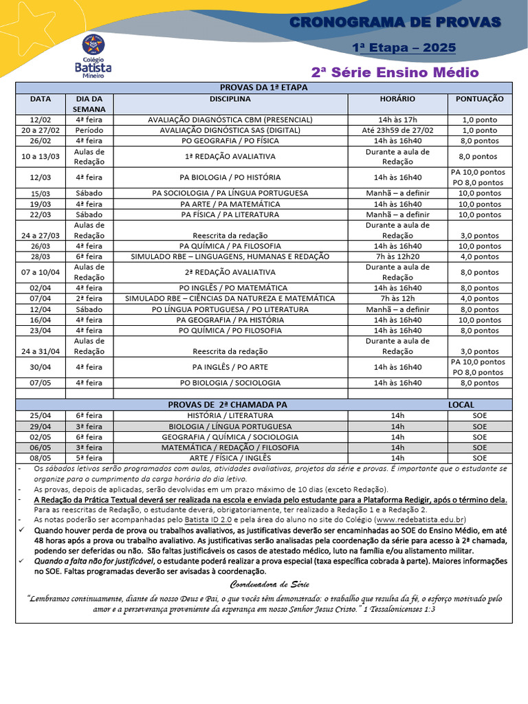 CRONOGRAMA DE PROVAS - 2 Série - 1 Etapa-2025 | PDF