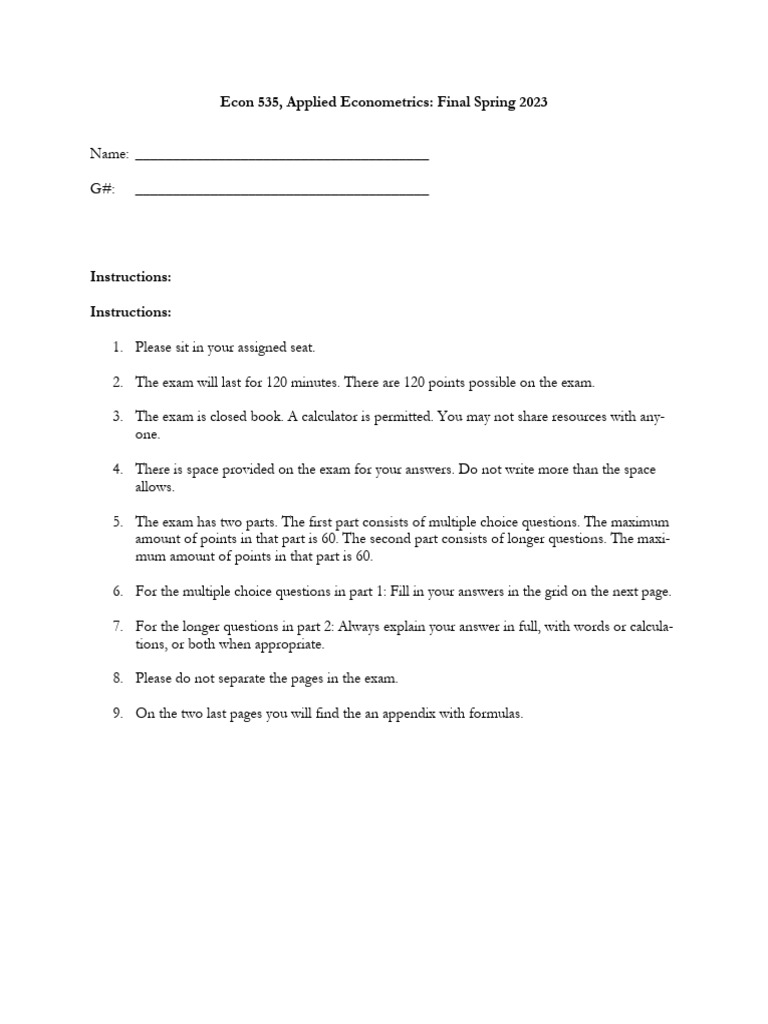 GMU Econ535-Applied Econometrics Final Exam Spring 2023 Solutions | PDF ...