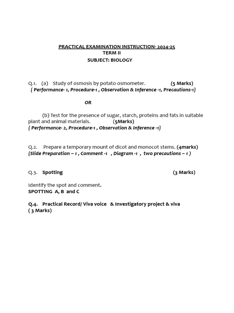 Biology Practical Exam Instructions 2024-25 | PDF