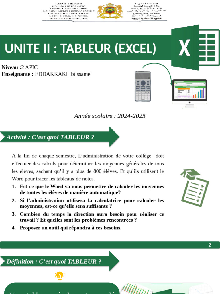 U2 - Notion de tableur et son environnement | PDF | Feuille de calcul | Microsoft Excel