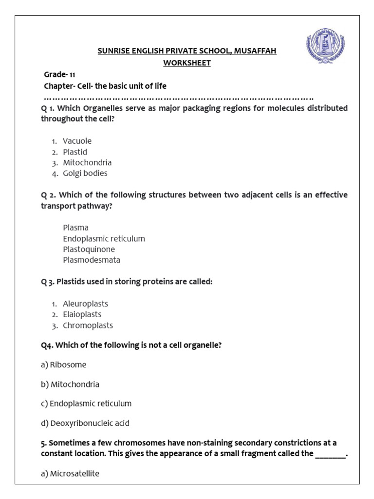 Grade 11 Cell Biology Worksheet | PDF | Cell (Biology) | Cell Membrane
