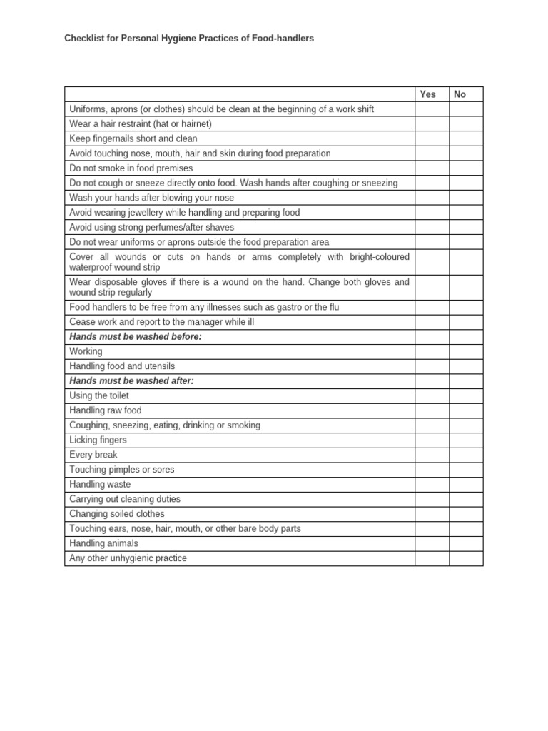 Personal Hygiene Checklist | PDF