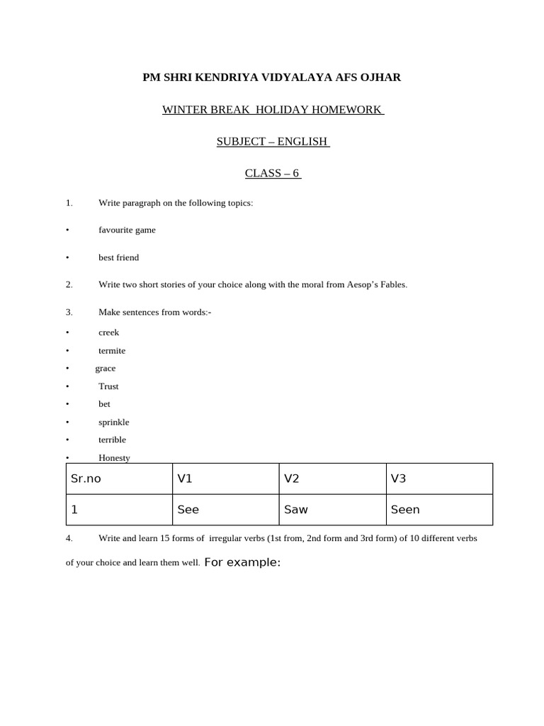 Winter Break Holiday Homework 6th 2024 | PDF