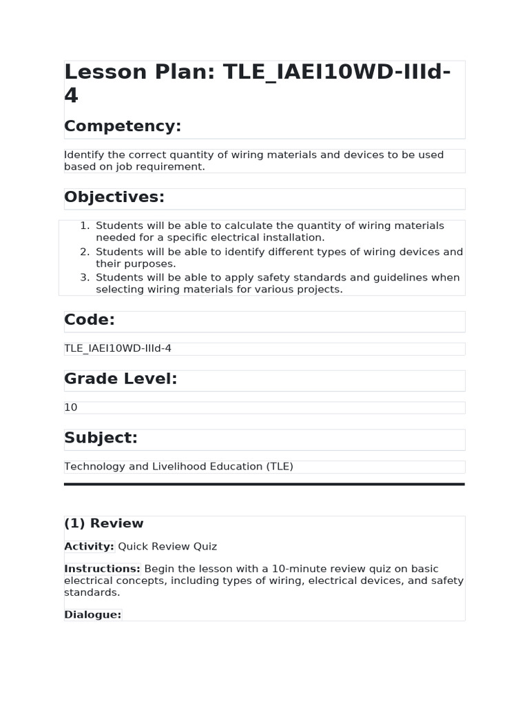 Lesson Plan Identify The Correct Quantity of Wiring Materials and ...