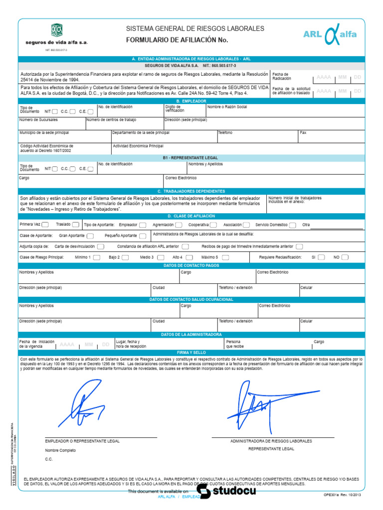 Formulario de Afiliación ARL | PDF | Derecho laboral | Seguro