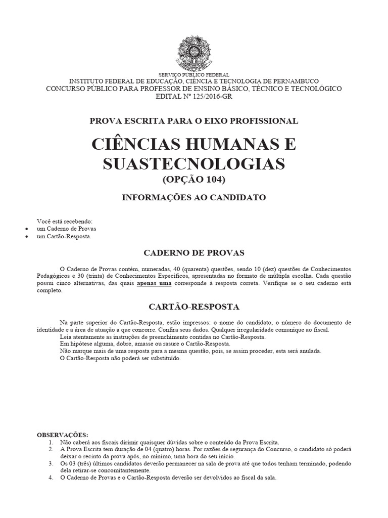 PROVA - Opção 104 - Ciências Humanas e suas Tecnologias | PDF ...