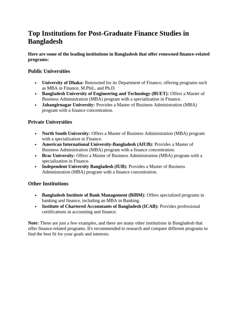 Top Institutions For Post-Graduate Finance Studies in Bangladesh | PDF