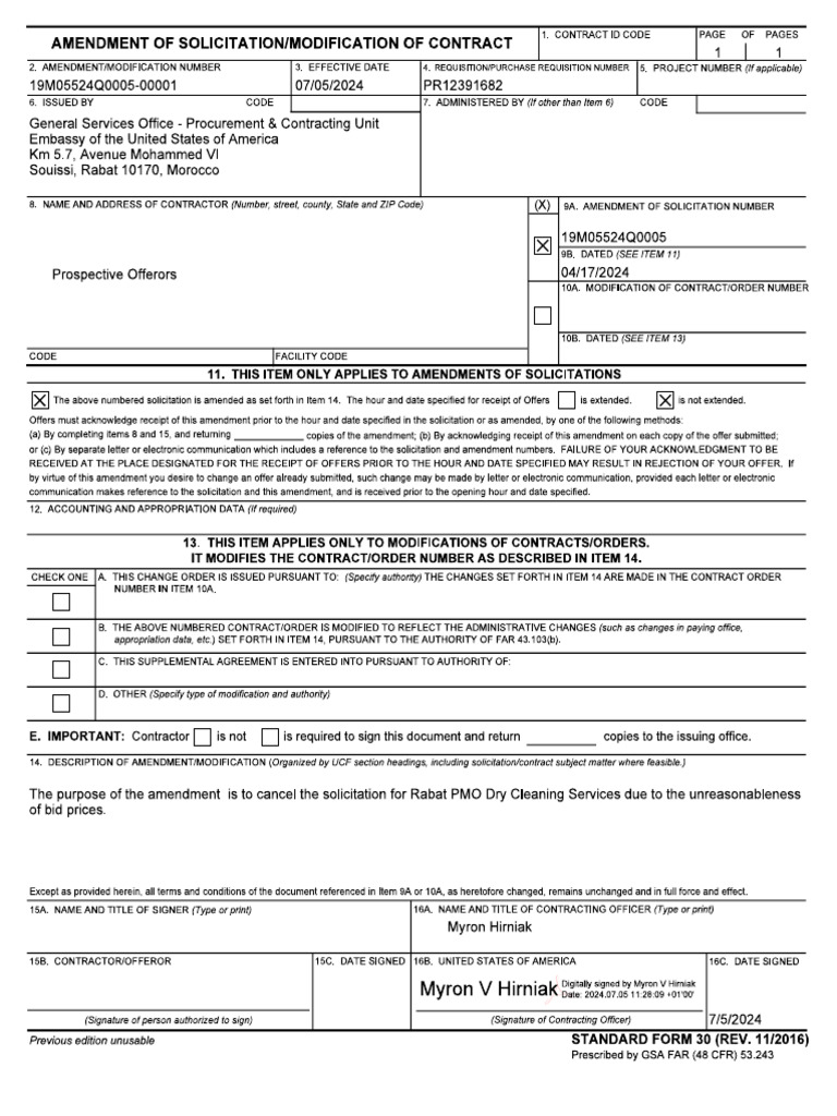 19m05524q0005 00001 Amendment of Solicitation Rabat Pmo Dy Cleaning Cancellation Singed | PDF