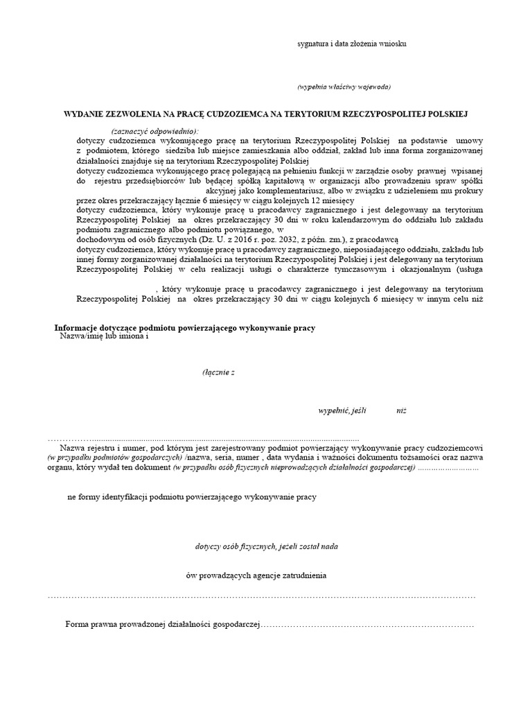 Wniosek o Wydanie Zezwolenia Na Prace Cudzoziemca Na Terytorium RP 0 | PDF