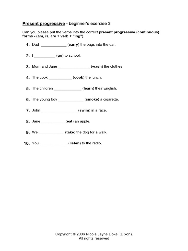 01AL Present Progressive - Beginner's Exercise - 3 | PDF