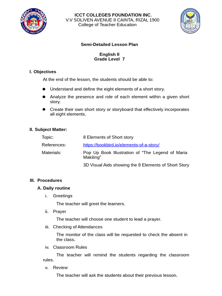 Lesson Plan: 8 Elements of Short Stories | PDF | Teachers | Lesson Plan
