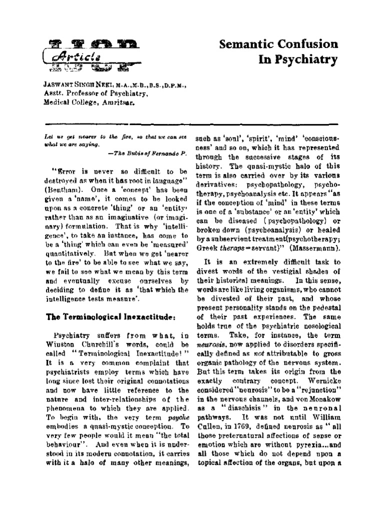 Semantic Confusion in Psychiatry | PDF | Psychiatry | Neurosis