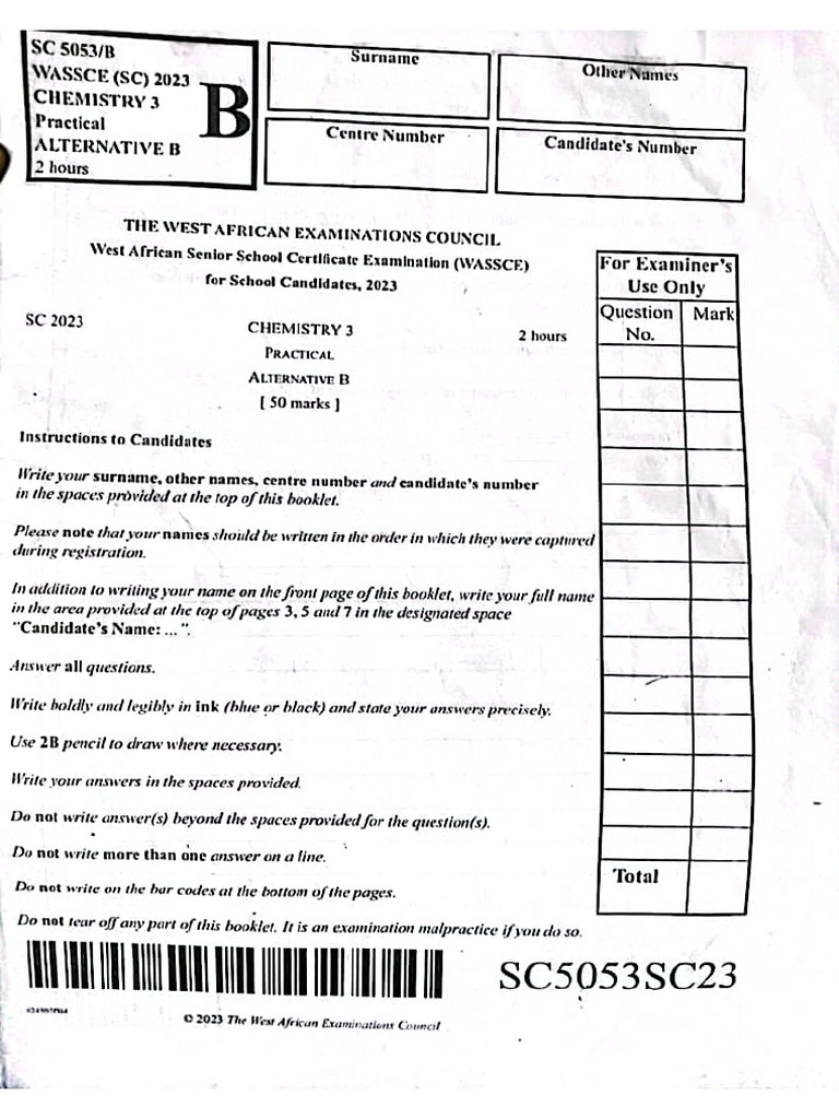 2023 WAEC Chemistry Practical Questions (Alternative B) | PDF
