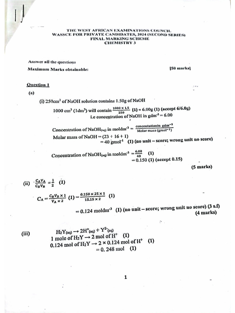 2024 WAEC GCE Second Series Chemistry Practical Marking Scheme | PDF