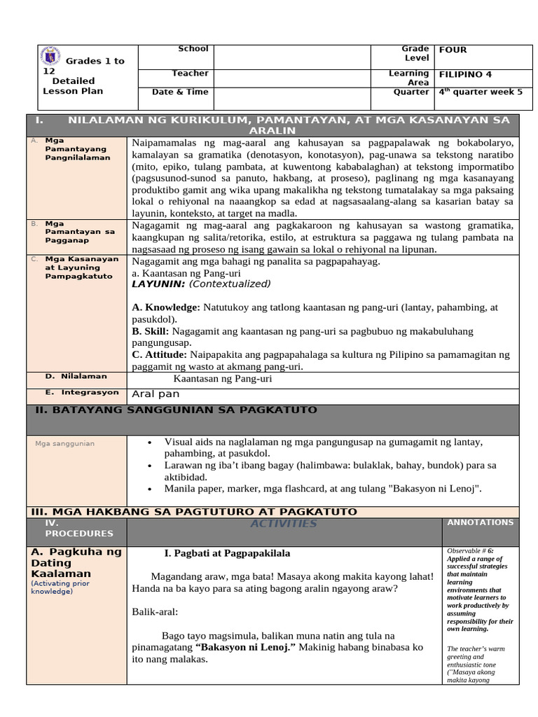 FILIPINO 4 QUARTER 4 Kaantasan NG Pang-Uri | PDF