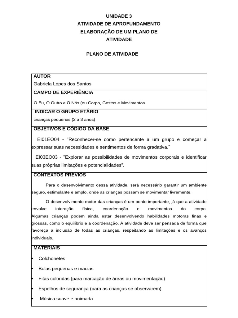 Modelo Atividade 3 - Plano de Atividades | PDF | Tempo