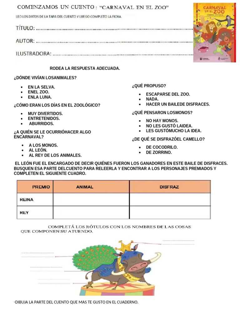 Actividades Sobre El Cuento Carnaval en El Zoo | PDF